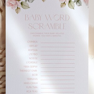 Dusty Pink Rose Baby Word Scramble Baby Shower Game Pink Roses Baby ...