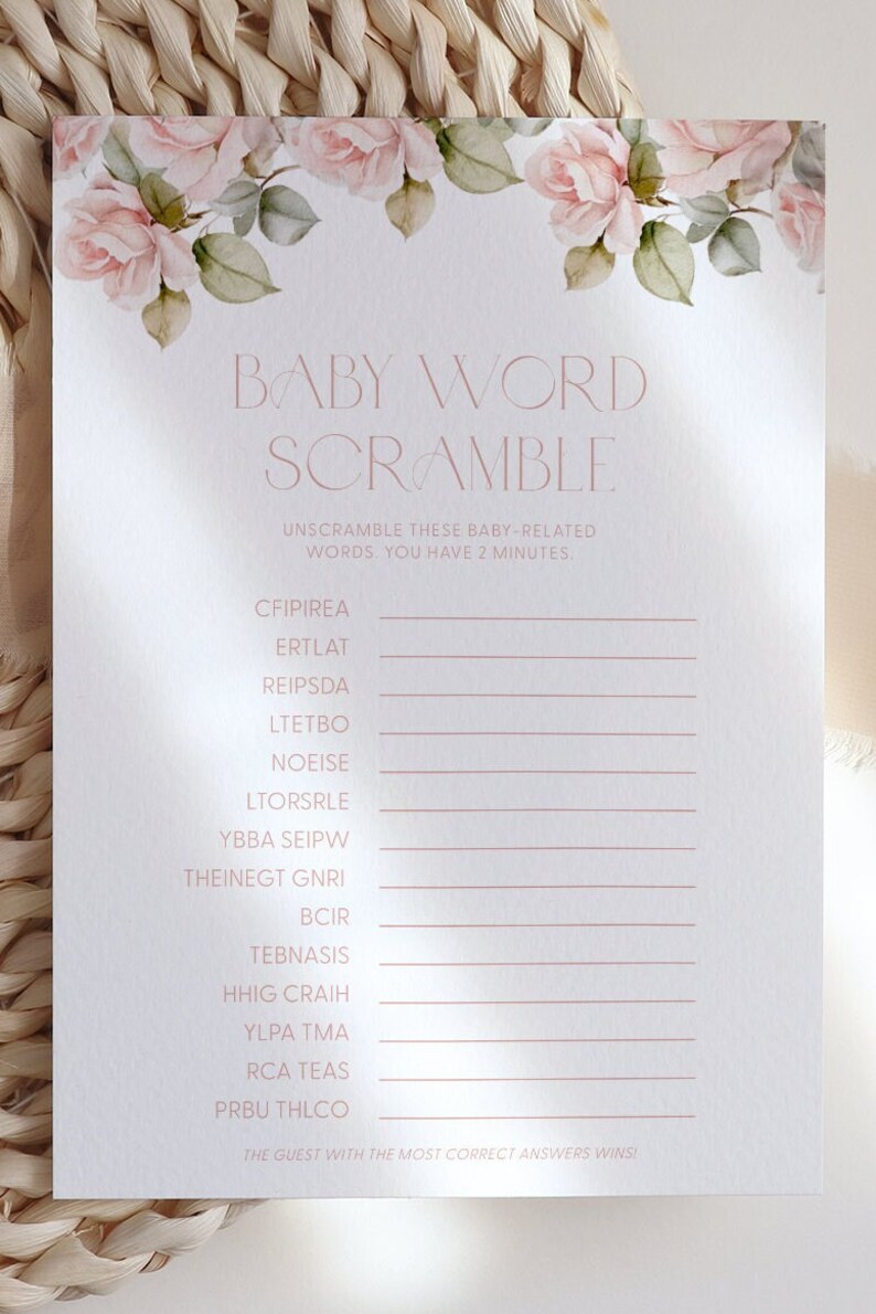 Dusty Pink Rose Baby Word Scramble Baby Shower Game Pink Roses Baby ...