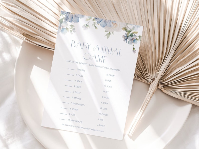 Dusty Blue Floral Baby Animal Baby Shower Game Baby Animal Game ...