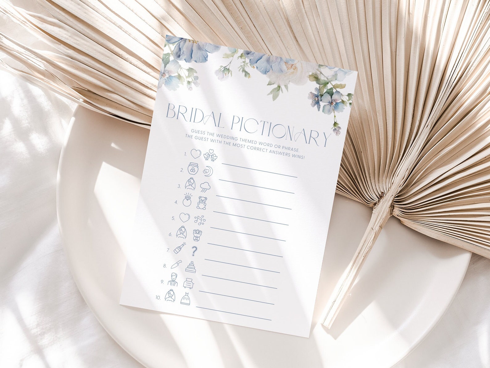 Dusty Blue Floral Bridal Pictionary Game Bridal Shower Pictionary Game ...