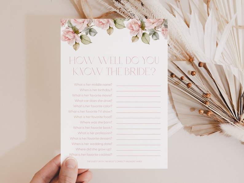 Dusty Pink Roses How Well Do You Know the Bride Bridal Shower Game ...