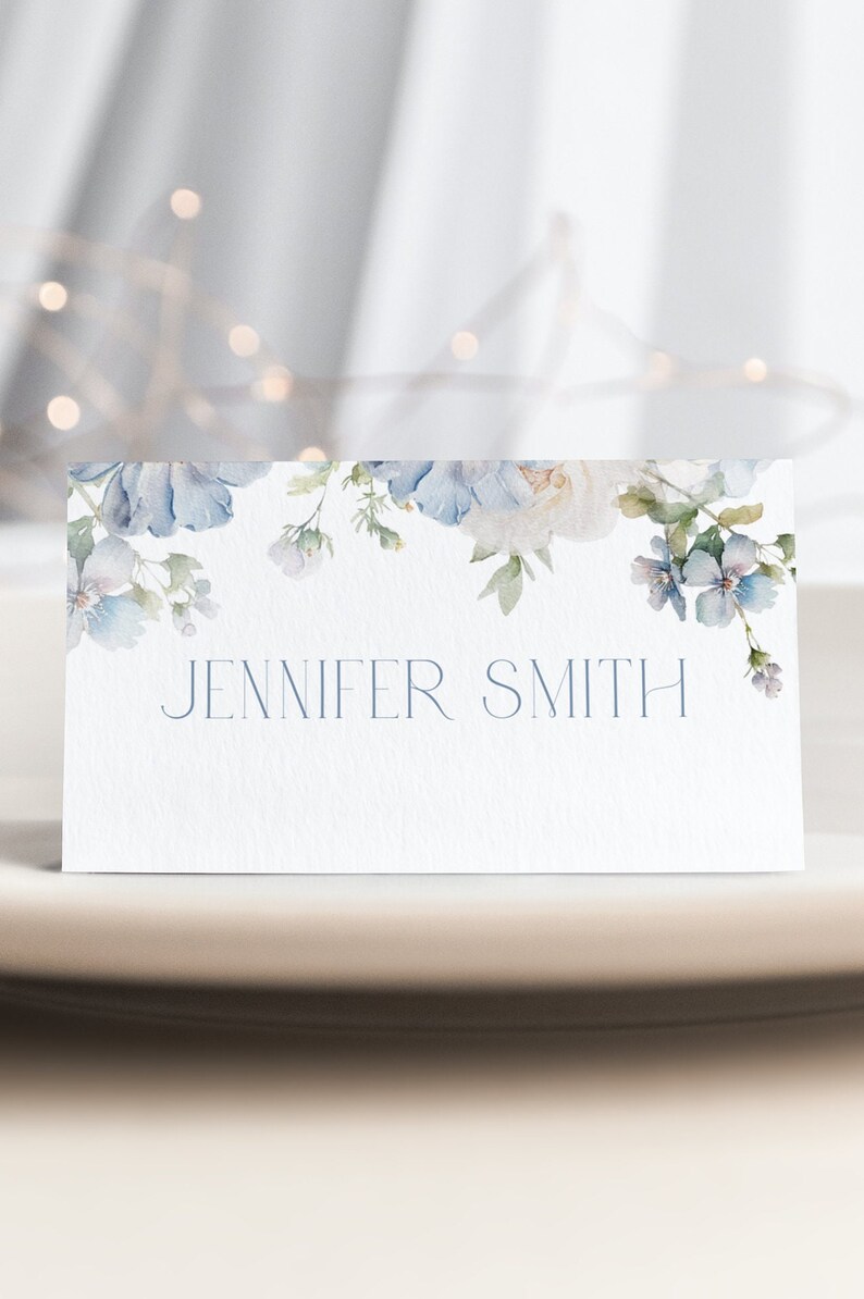 Dusty Blue Floral Place Card Template Dusty Blue Place Card Floral ...