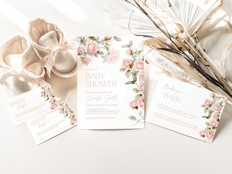 Dusty Pink Rose Baby Shower Invitation Set Template Baby Shower ...