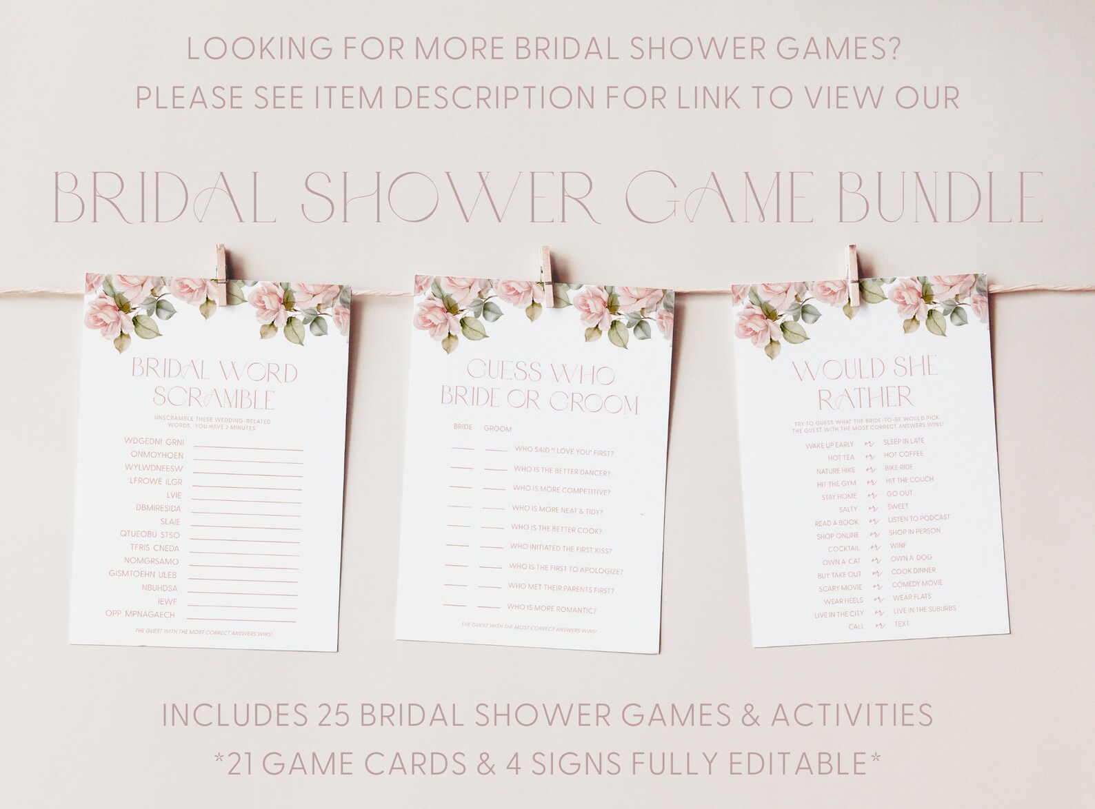 Dusty Pink Rose Don't Say Bride Bridal Shower Game Pink Ring Game Sign ...