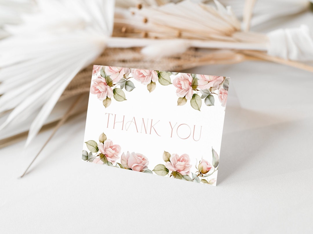 Dusty Pink Rose Thank You Card Template Blush Pink Thank You Card Pink ...