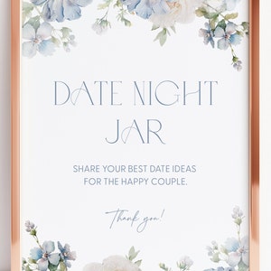 Dusty Blue Floral Date Night Jar Bridal Shower Sign Template Date Night ...