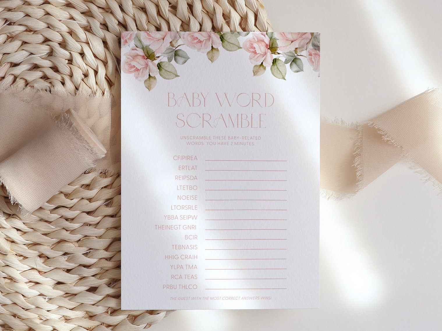Dusty Pink Rose Baby Word Scramble Baby Shower Game Pink Roses Baby ...