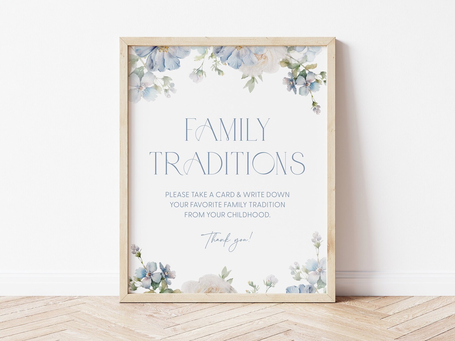 Dusty Blue Floral Family Traditions Baby Shower Sign Family Traditions ...