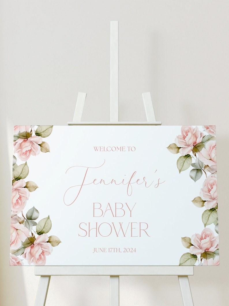 Dusty Pink Rose Baby Shower Welcome Sign Horizontal Baby Shower Welcome ...