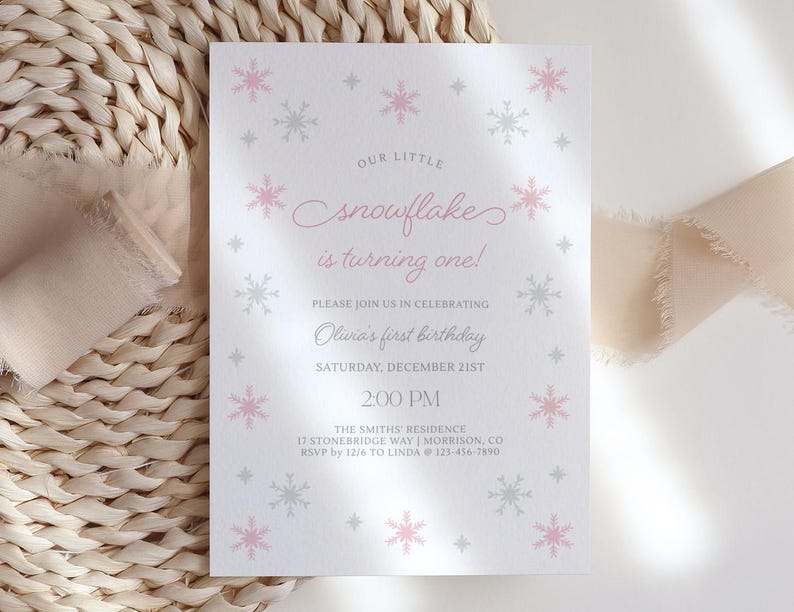 Pink Snowflake Birthday Invitation Snowflake First Birthday Invitation ...