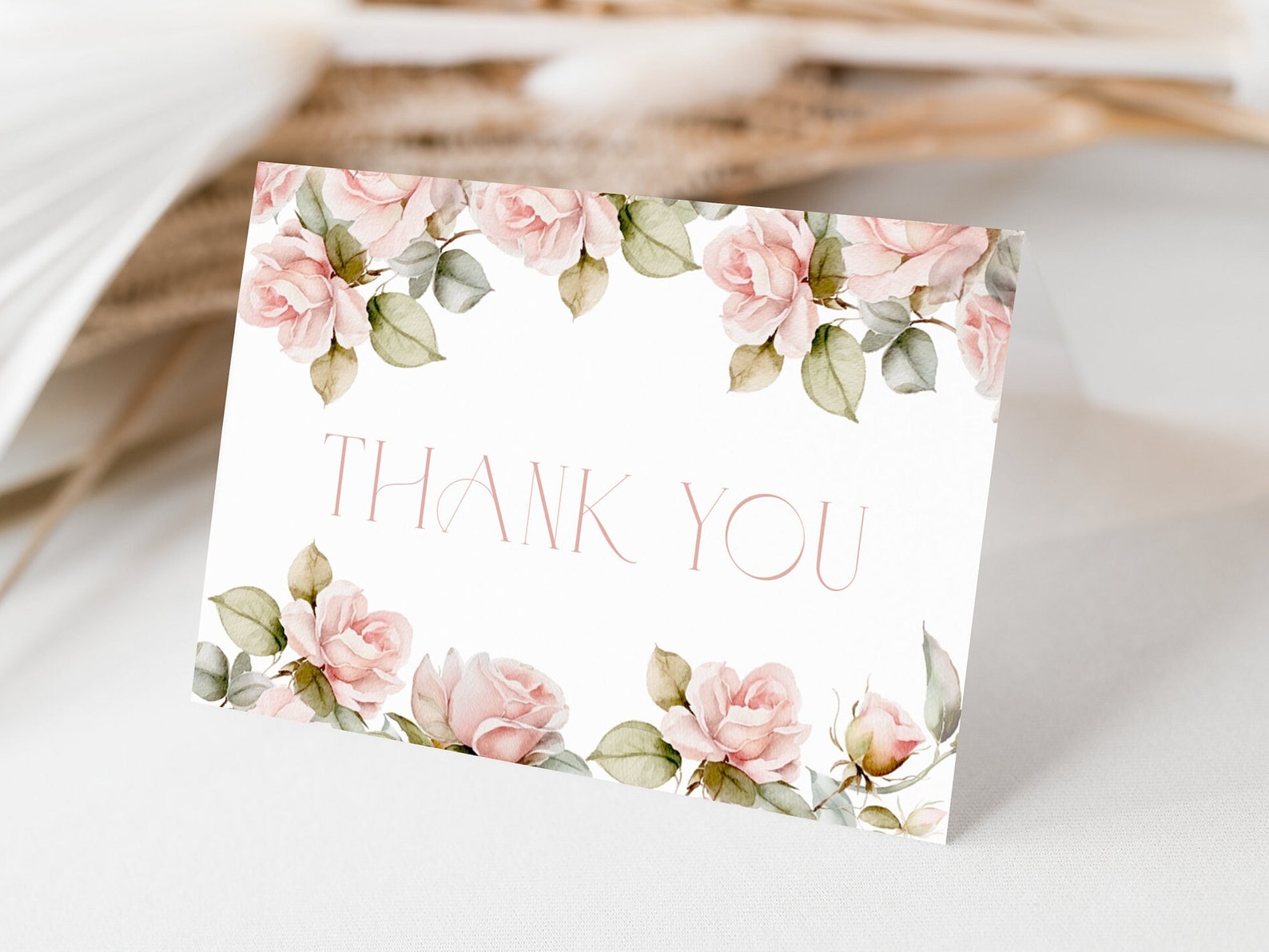 Dusty Pink Rose Thank You Card Template Blush Pink Thank You Card Pink ...