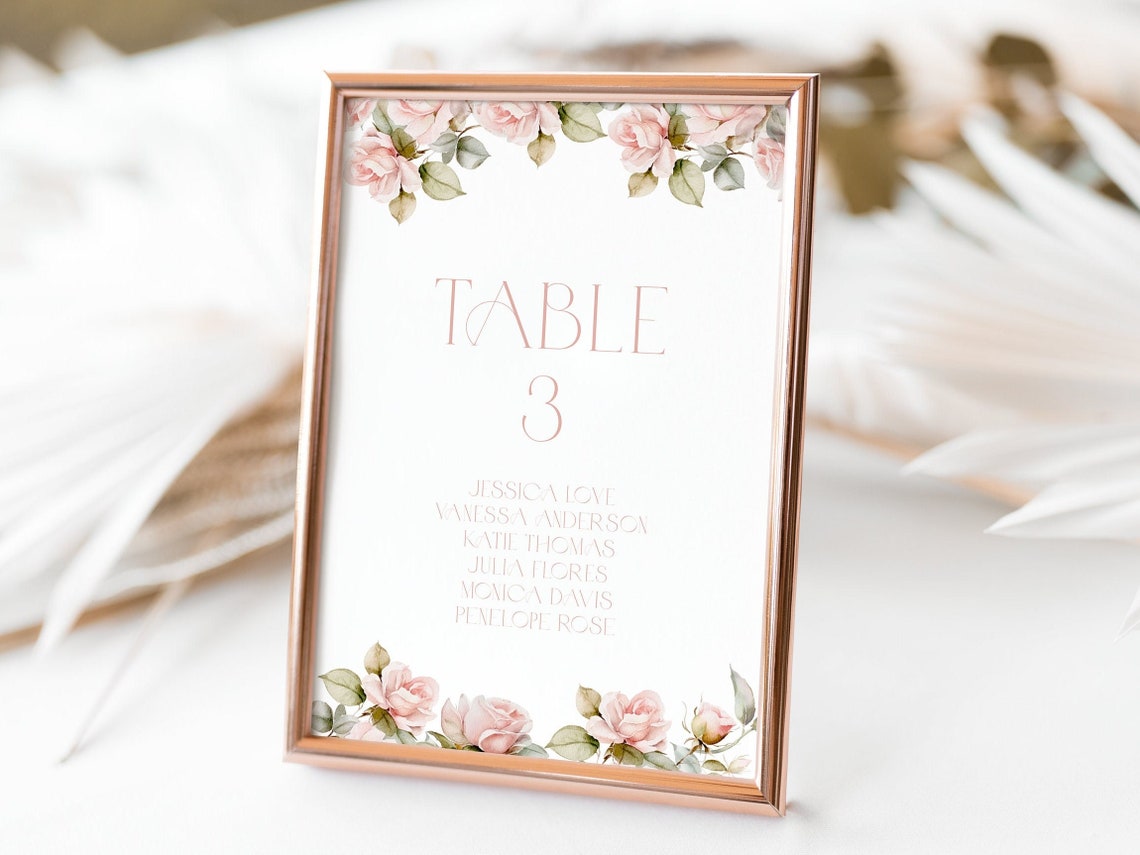Dusty Pink Rose Table Numbers Sign Template Blush Pink Table Numbers ...