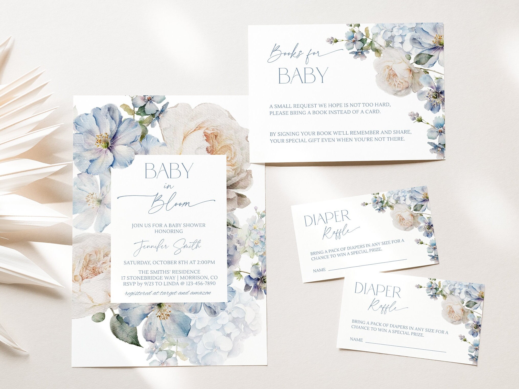 Dusty Blue Baby in Bloom Baby Shower Invitation Set Template Baby in ...