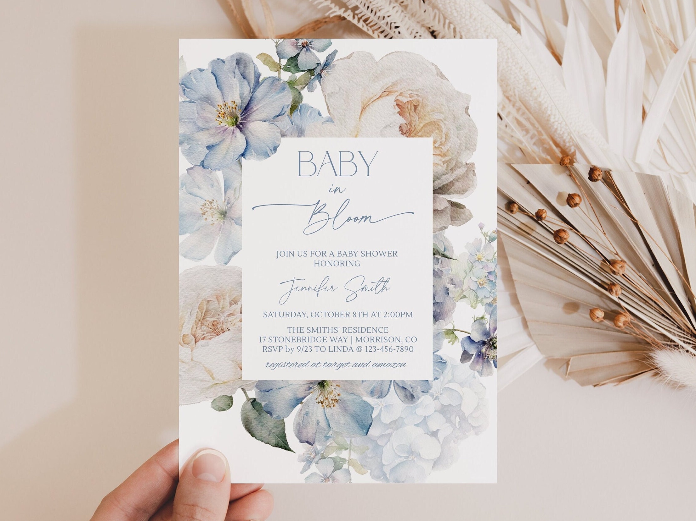 Dusty Blue Baby in Bloom Baby Shower Invitation Template Baby in Bloom ...