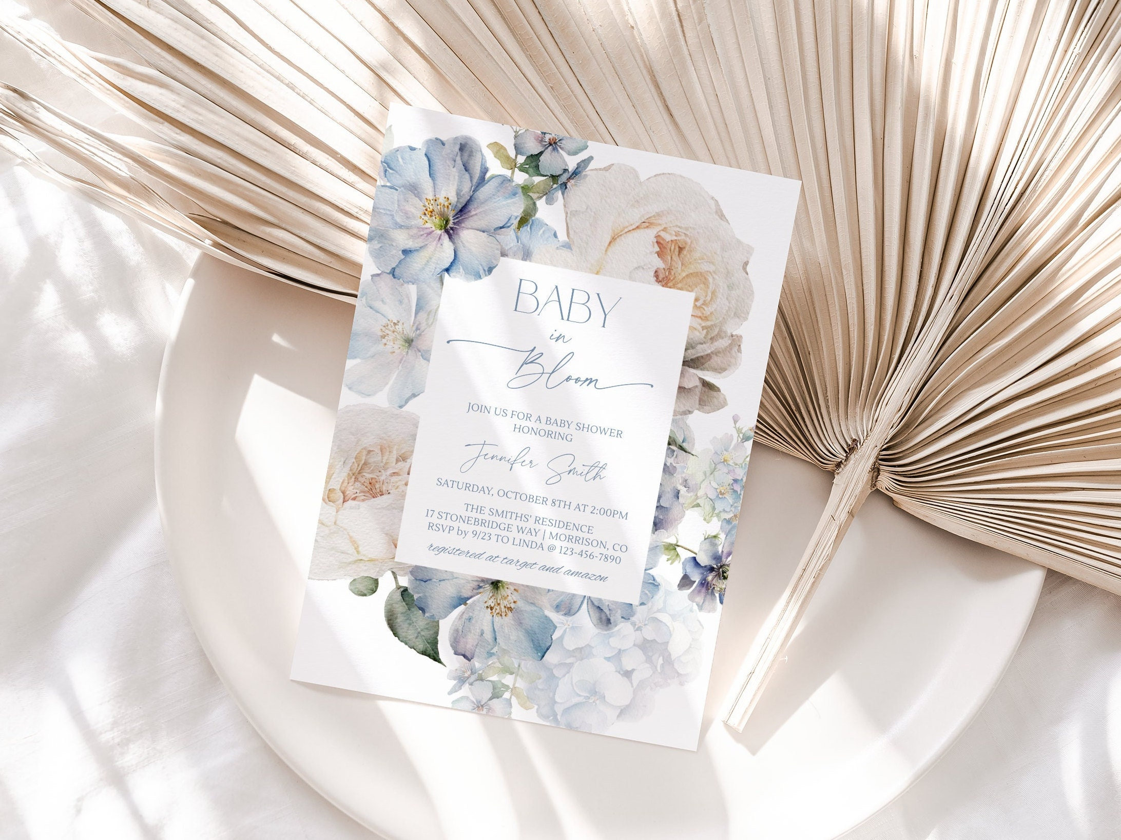 Dusty Blue Baby in Bloom Baby Shower Invitation Template Baby in Bloom ...