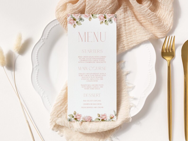 Dusty Pink Rose Menu Template Bridal Brunch Menu Editable Pink Rose ...