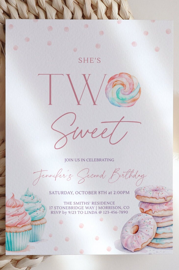Two Sweet Birthday Party Invitation 2nd Bday Invitation Girl Pink Two ...