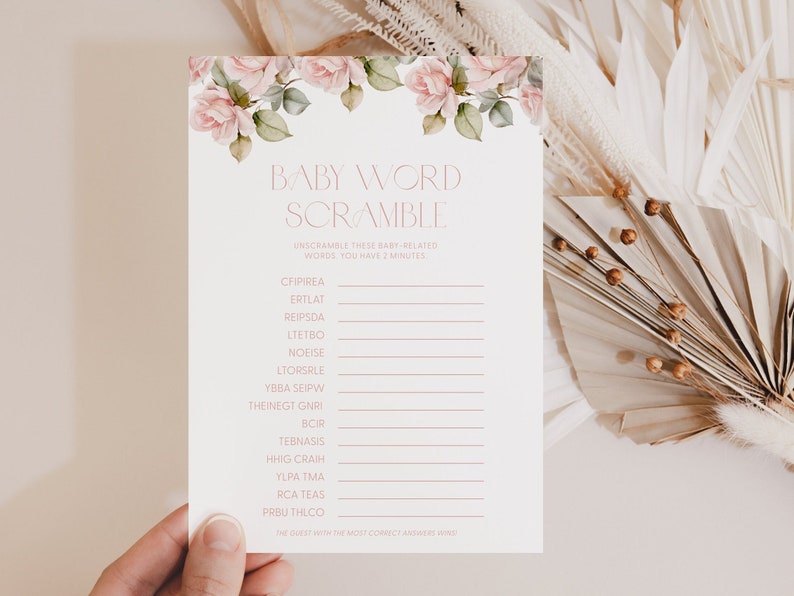 Dusty Pink Rose Baby Word Scramble Baby Shower Game Pink Roses Baby ...