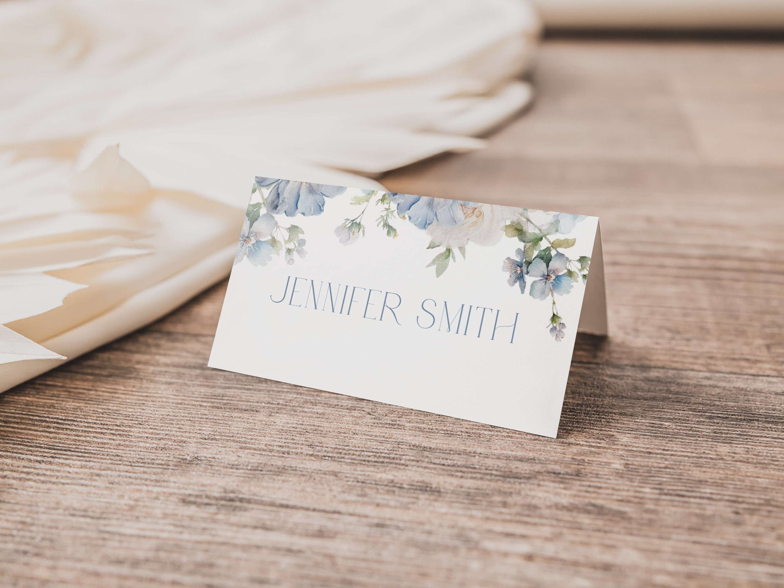 Dusty Blue Floral Place Card Template Dusty Blue Place Card Floral ...