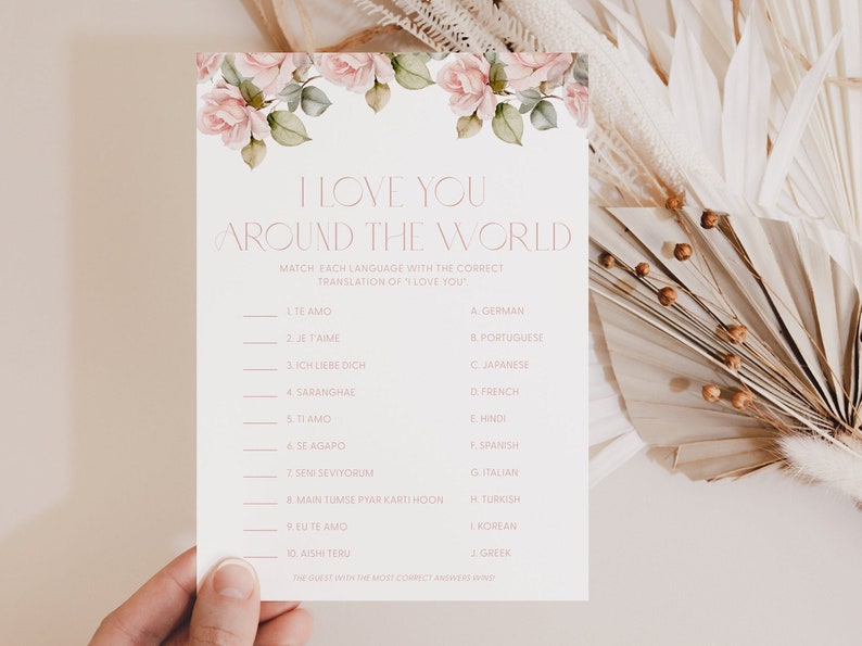 Dusty Pink Roses I Love You Around the World Bridal Shower Game I Love ...