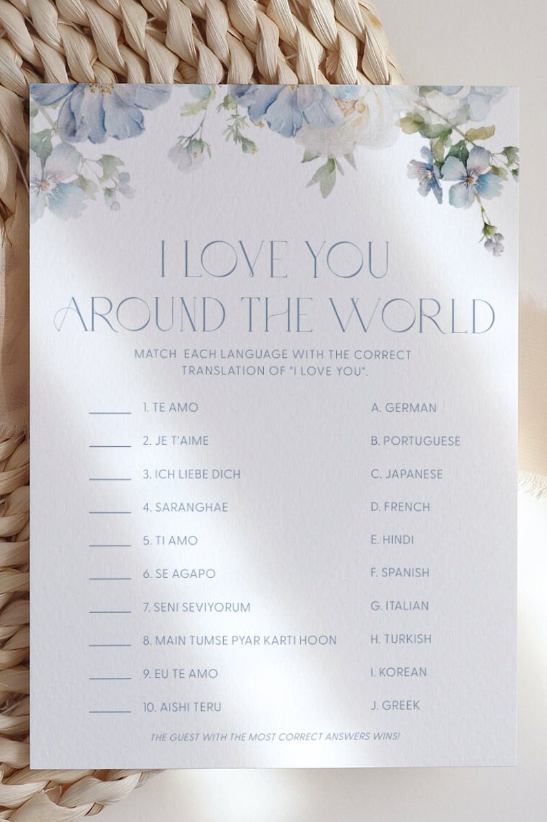 Dusty Blue Floral I Love You Around the World Bridal Shower Game ...