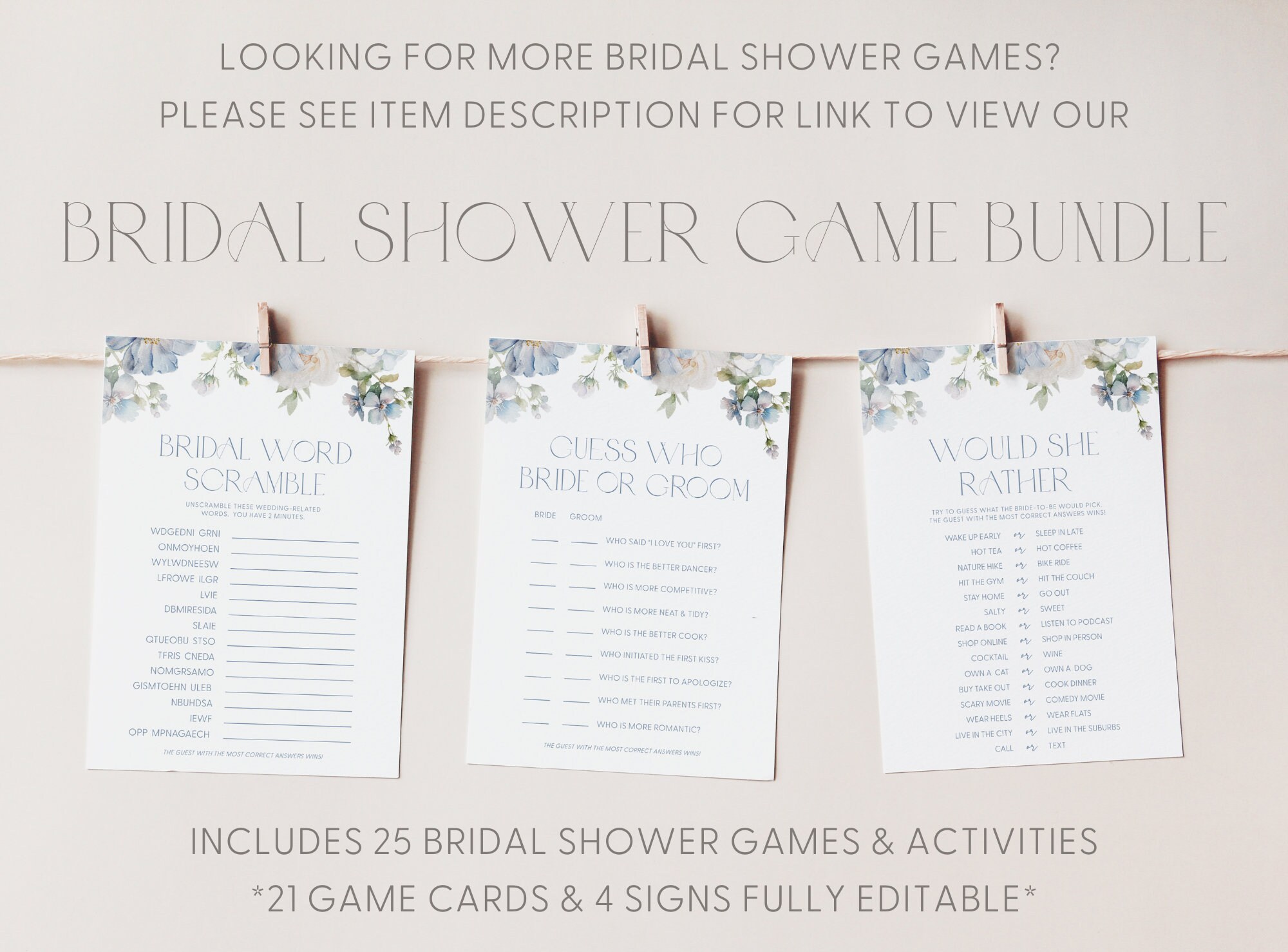 Dusty Blue Floral Bridal Pictionary Game Bridal Shower Pictionary Game ...