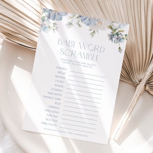 Dusty Blue Floral Baby Word Scramble Baby Shower Game Blue Baby Word ...