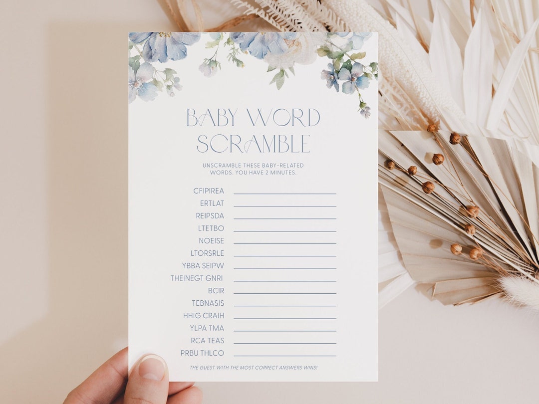 Dusty Blue Floral Baby Word Scramble Baby Shower Game Blue Baby Word ...