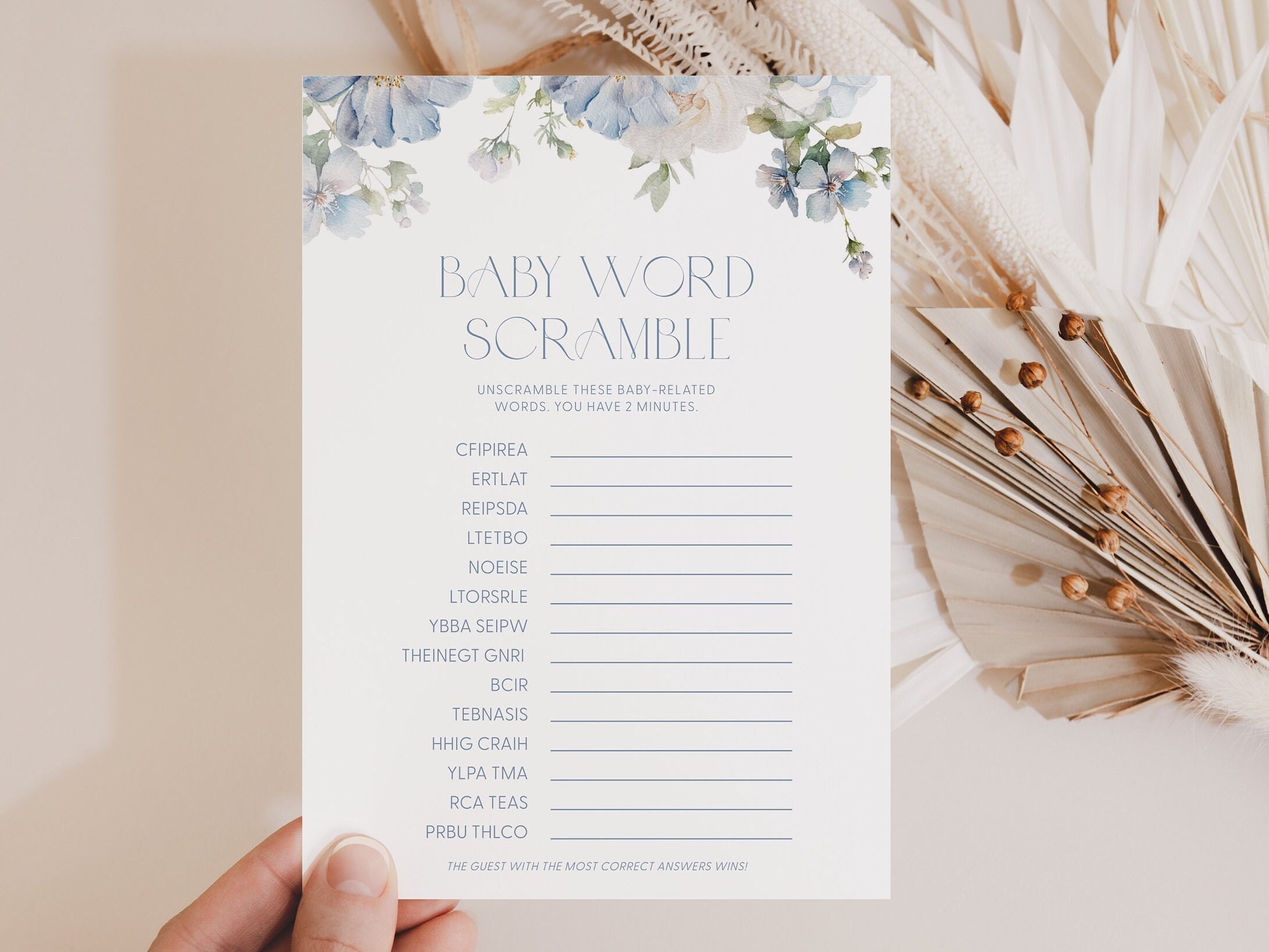 Dusty Blue Floral Baby Word Scramble Baby Shower Game Blue Baby Word ...
