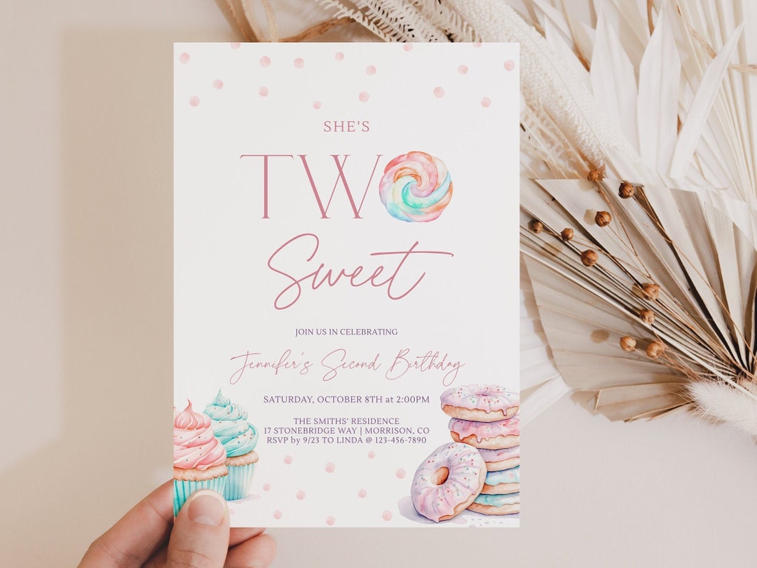 Two Sweet Birthday Party Invitation 2nd Bday Invitation Girl Pink Two ...