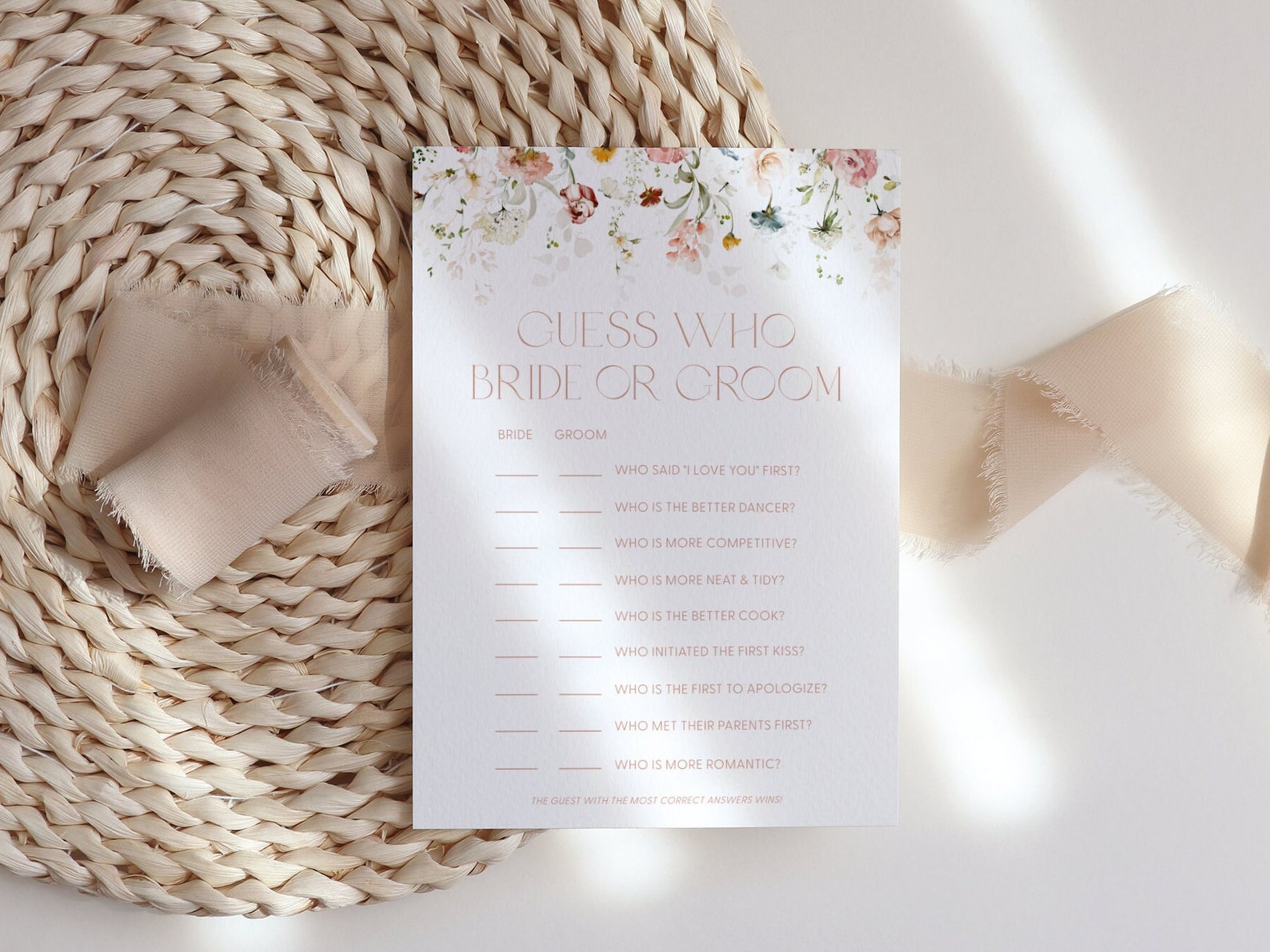 Chic Floral Guess Who Bride or Groom Bridal Shower Game Card Template ...