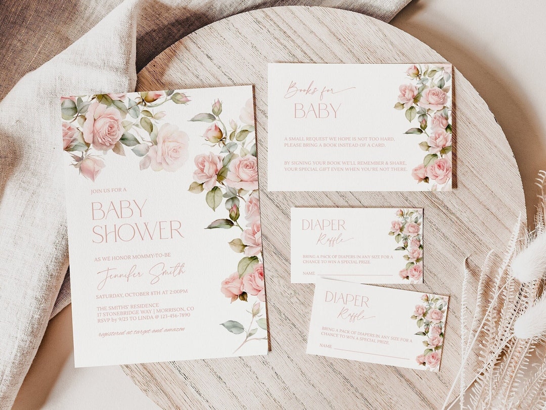 Dusty Pink Rose Baby Shower Invitation Set Template Baby Shower ...