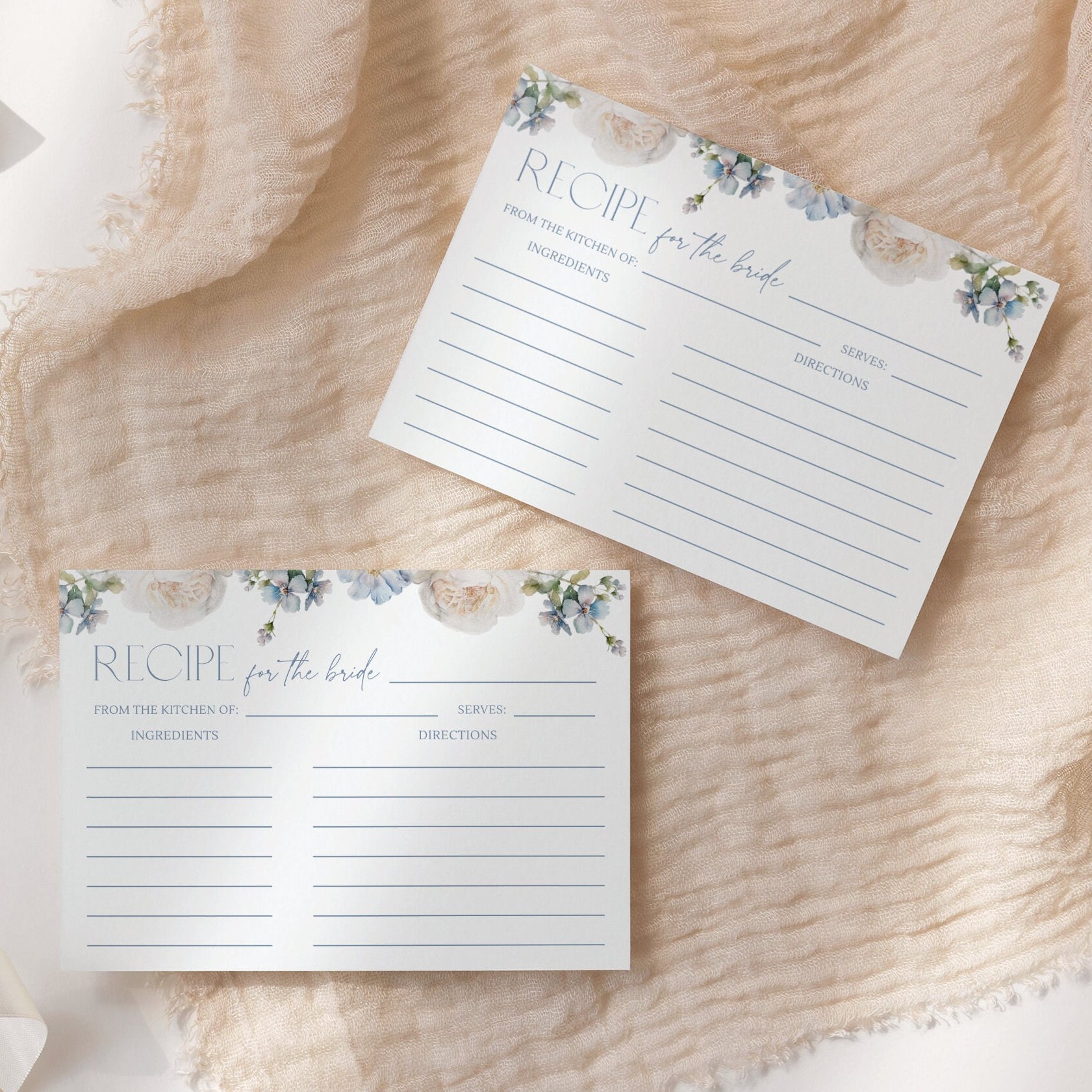 Dusty Blue Floral Recipe Card Bridal Shower Dusty Blue Recipe Card Blue ...