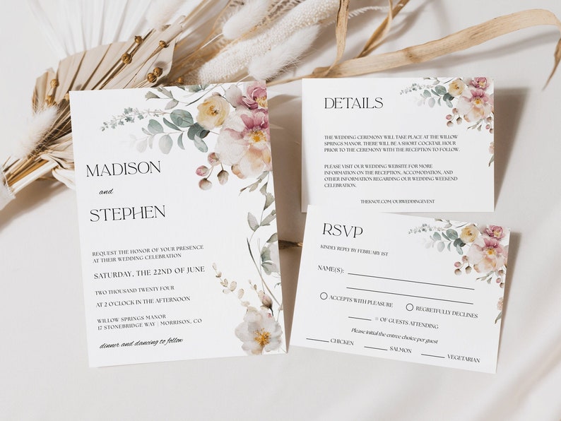 Watercolor Pastel Floral Wedding Invitation Suite Template Editable ...