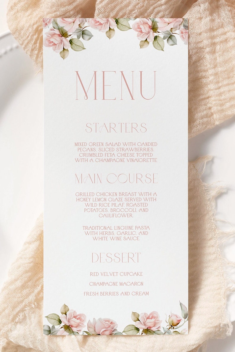 Dusty Pink Rose Menu Template Bridal Brunch Menu Editable Pink Rose ...