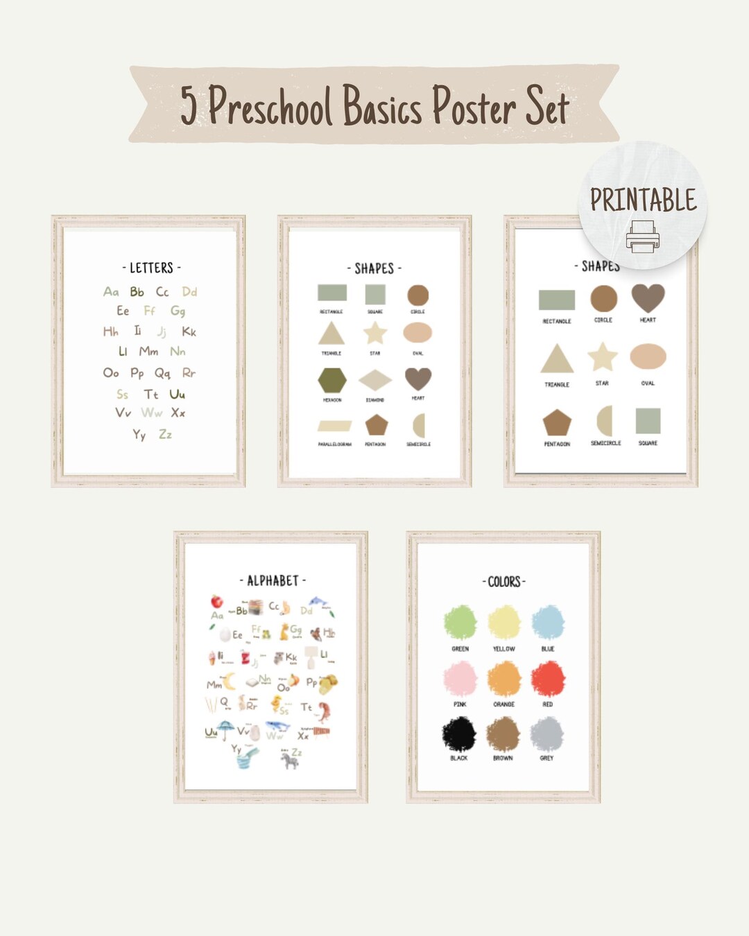 Preschool Basics Poster Set – 5 Educational Prints for Kids | Alphabet ...
