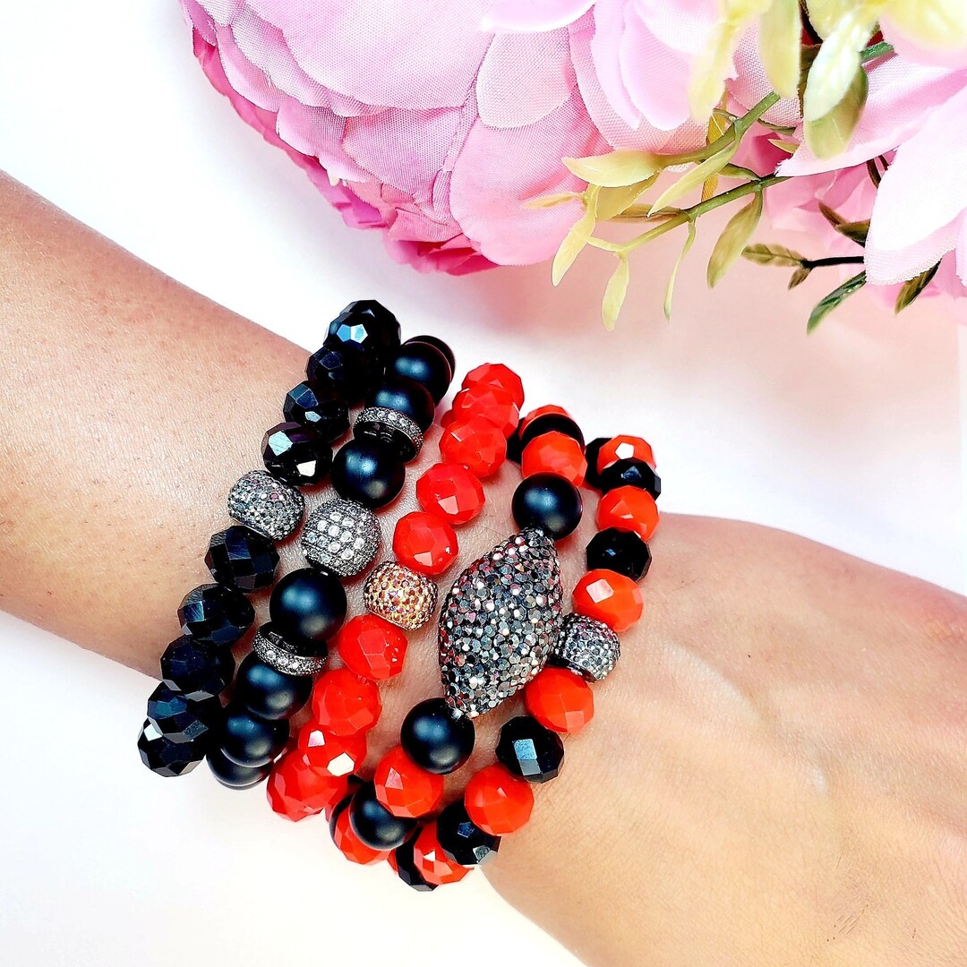 RED & BLACK Bead Bracelet Set | Stacking Bracelets | Five Piece Set ...