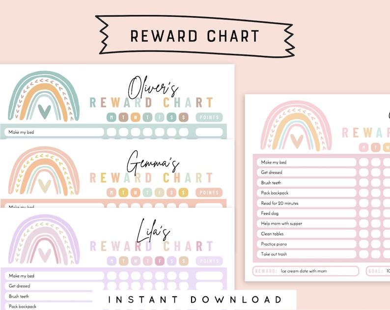 Reward Chart Multiple Kids Editable Printable Boho Rainbow - Etsy