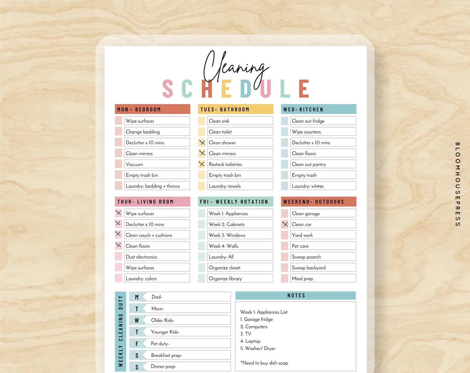 Cleaning Schedule Routine Chart Checklist Weekly Organizing Printable ...