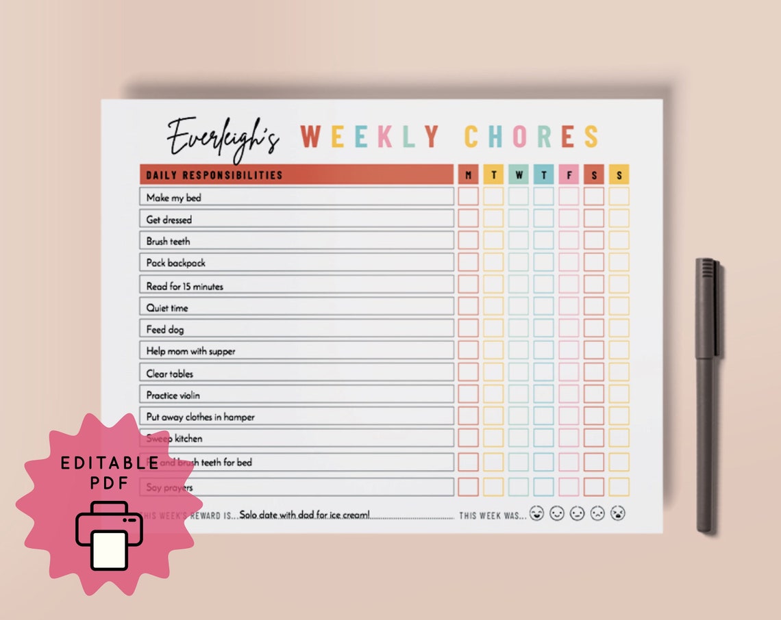 Weekly Daily Chore Chart for Kids Responsibility Chart - Etsy