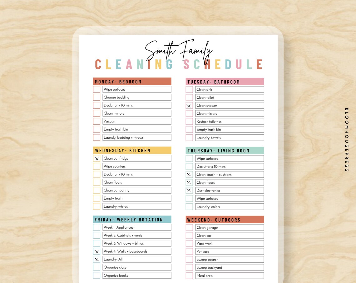 Cleaning Schedule Routine Chart Checklist Weekly Organizing - Etsy
