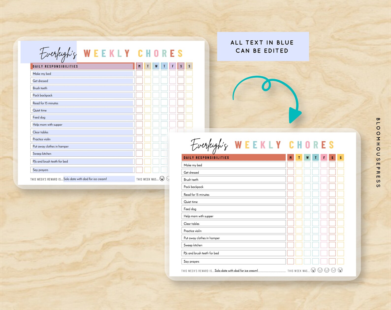 Weekly Daily Chore Chart for Kids Responsibility Chart - Etsy
