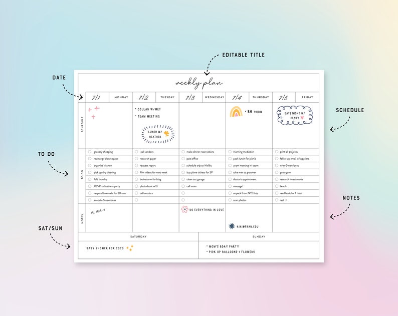 Weekly Planner to Do List Family Kids Schedule Printable Digital Simple ...