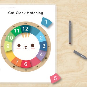 Cat Clock Matching Learning Numbers on a Clock Worksheet Telling Time ...