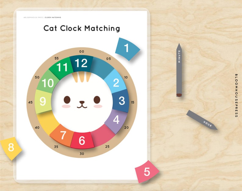 Cat Clock Matching Learning Numbers on a Clock Worksheet Telling Time ...