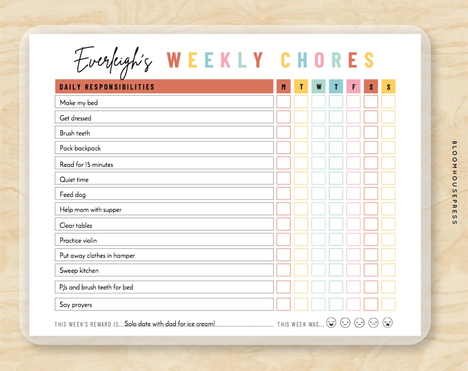 Weekly Daily Chore Chart for Kids Responsibility Chart - Etsy