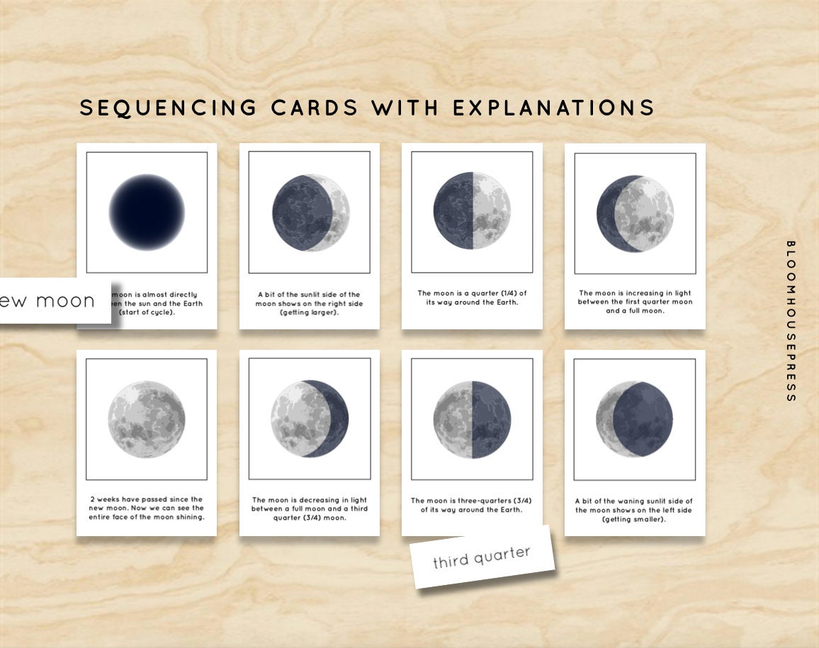 Moon Phases Worksheet Matching Bundle Montessori Moon Phases 3 - Etsy
