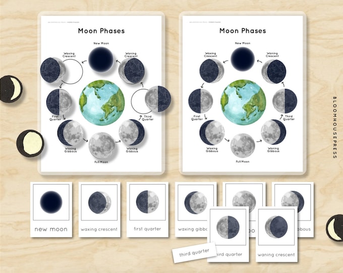 Moon Phases Worksheet Matching Bundle Montessori Moon Phases 3 Part ...