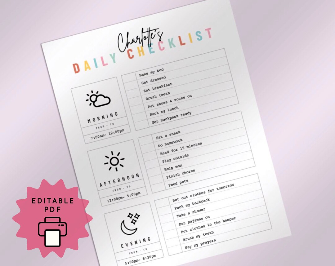 Daily Checklist Chore Chart for Kids Responsibility Chart My Daily ...