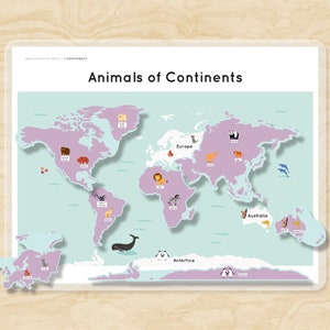 7 Continents World Map Oceans & Animals of Continents Matching ...